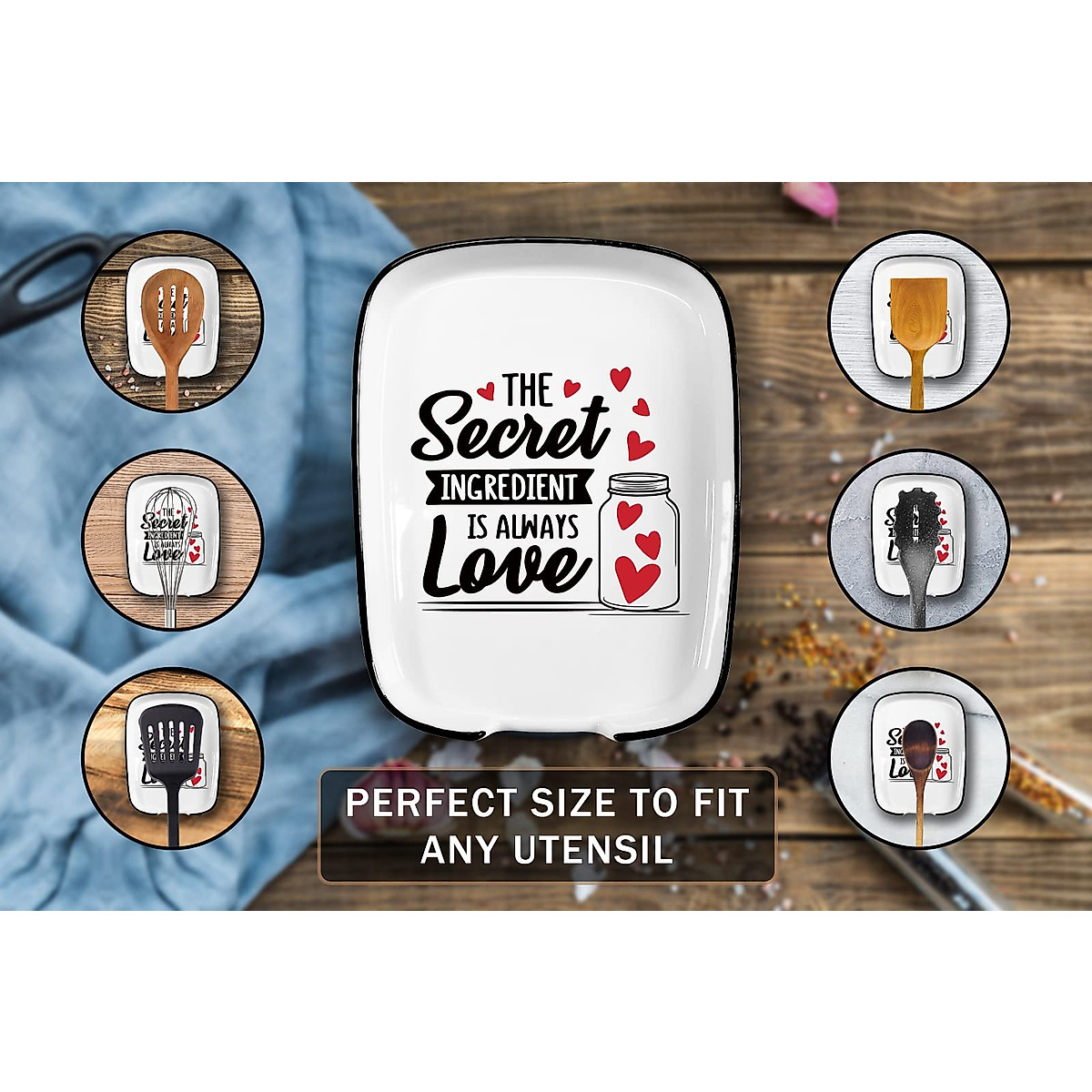 Hvukeke Ceramic Spoon Rest for Kitchen Stove Top Counter, Funny The Secret Ingredient Is Always Love White Spoon Holders for Chef, Mom, Grandma Cute Kitchen Gift