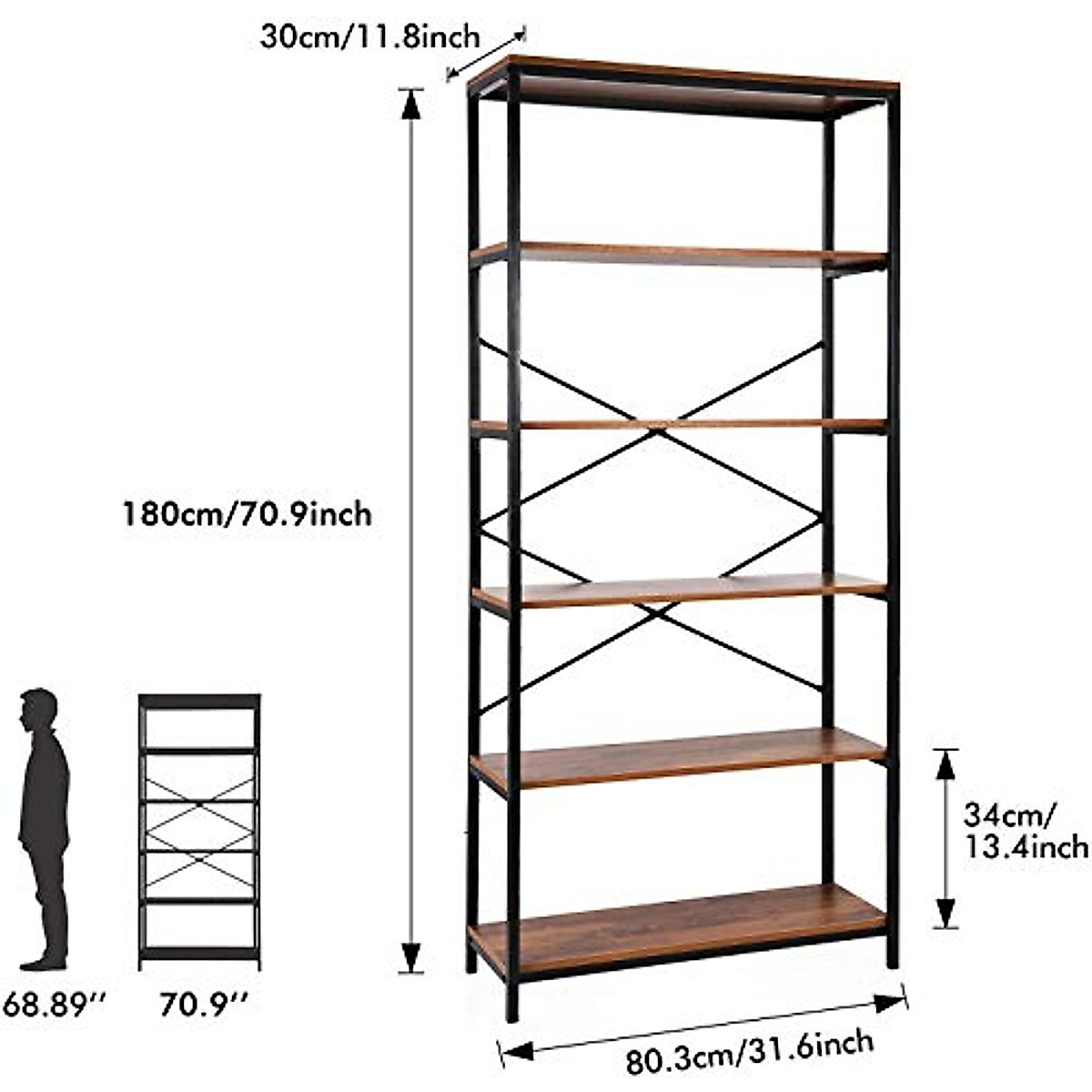 Solid Open Book Shelves, 71 Tall Modern Bookshelf 6 Foot, Free Standing Display Shelving Unit, 5 Tier Industrial Bookcase for Living Room Bedroom - Black Metal Frame & Rustic Cherry Wooden Shelves