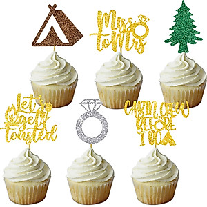 Camping Bachelorette Cupcake Toppers Mountain Hiking Camp Bridal Shower Party Decoration Miss To Mrs Tent Tree Food Picks