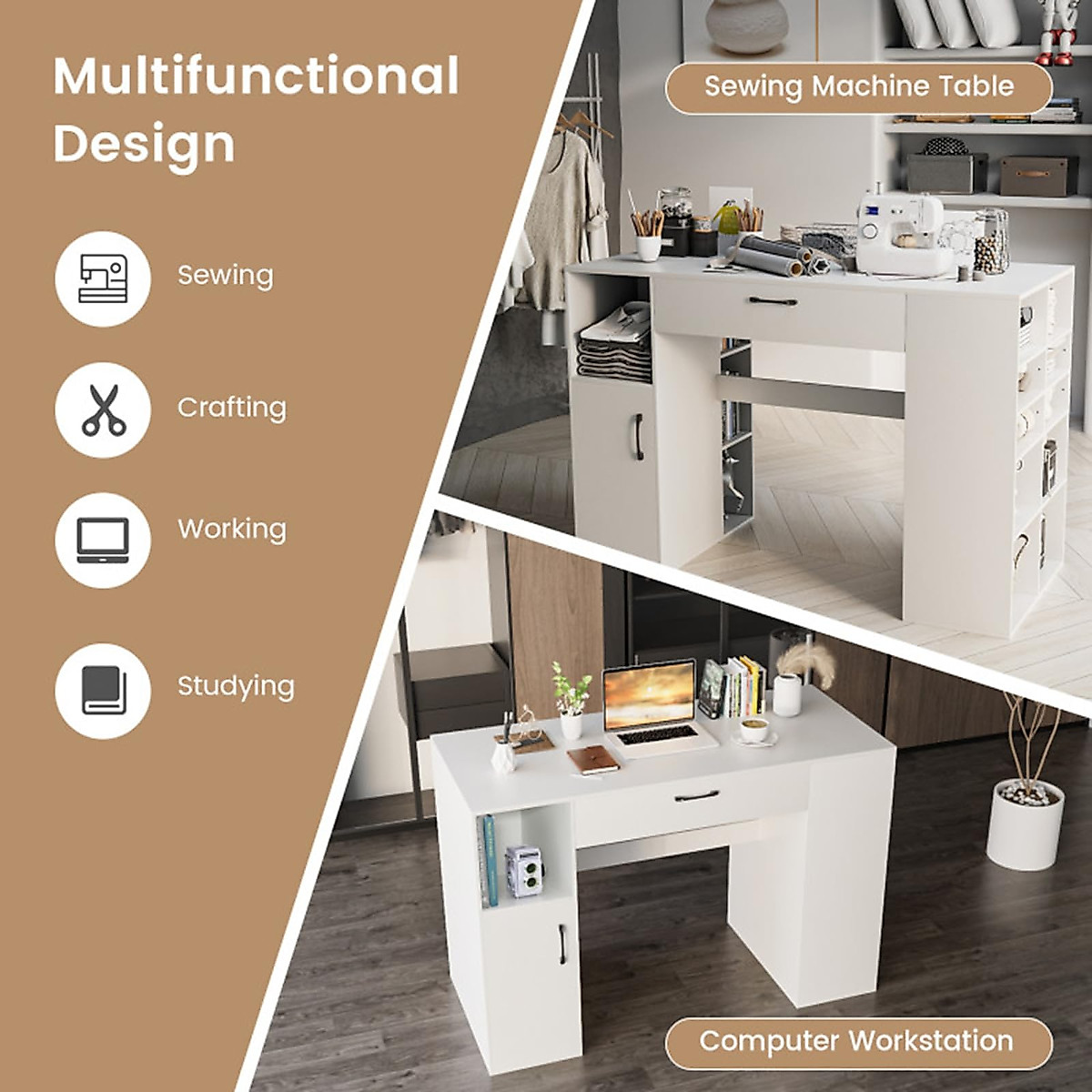 Craft Table with Storage, Artwork Sewing Table 14 Large & Small Storage Compartments, Counter Height Sewing Craft Table with Adjustable Shelves and Drawer