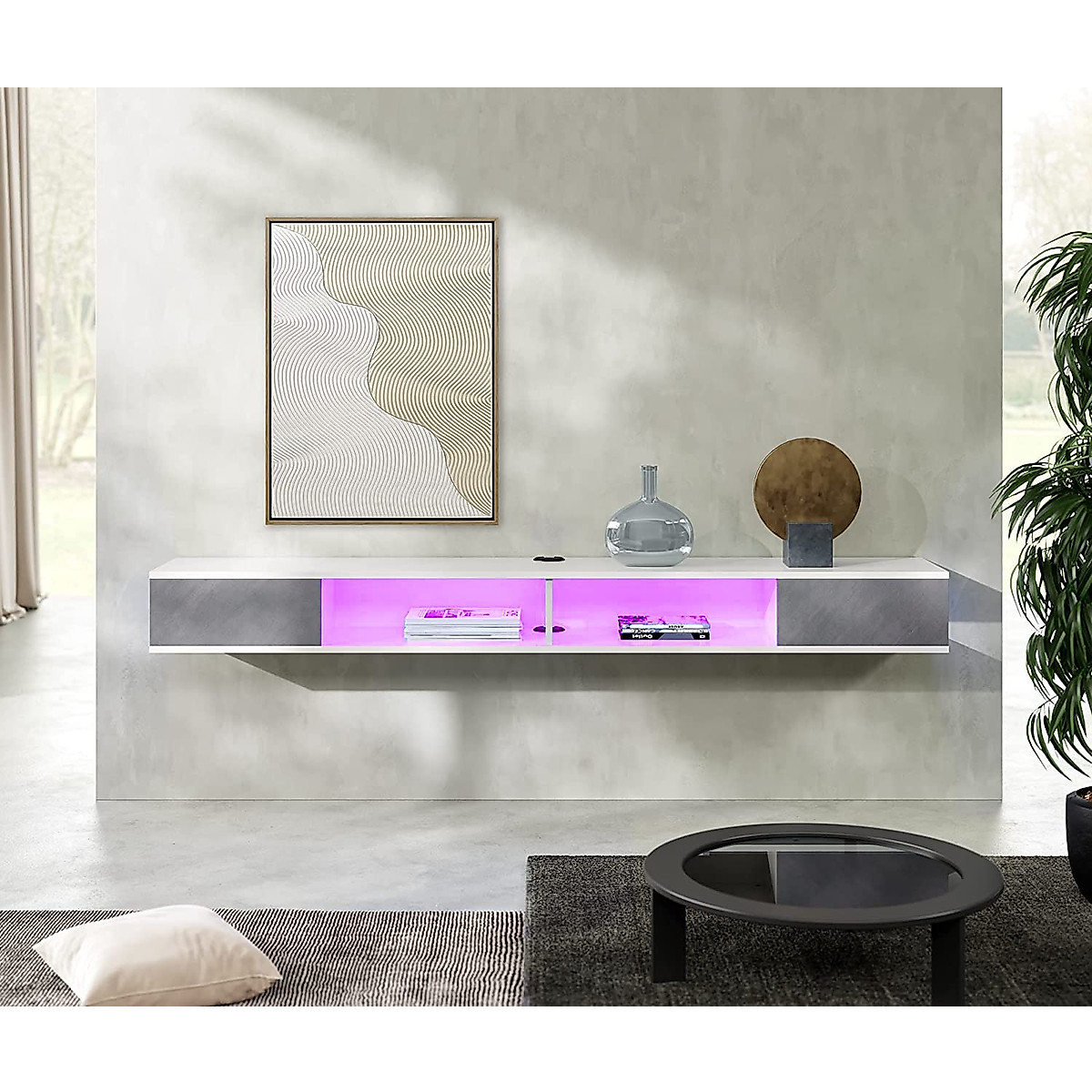 WAMPAT Floating 70 inch TV Stand with 16-Color LED Lights, Entertainment Center Media Console, Wall Mounted Shelf Media Console Cabinet with Storage for 65/70/75 Inch TVs, White&Grey