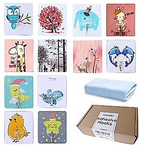 HAMOER Adhesive Wall Hook-Large Adhesive Patch Hanging Towel Key Universal, Printed Pattern Random Home Decor, Free Small Towel, Gift Box Packaging 12 Pack