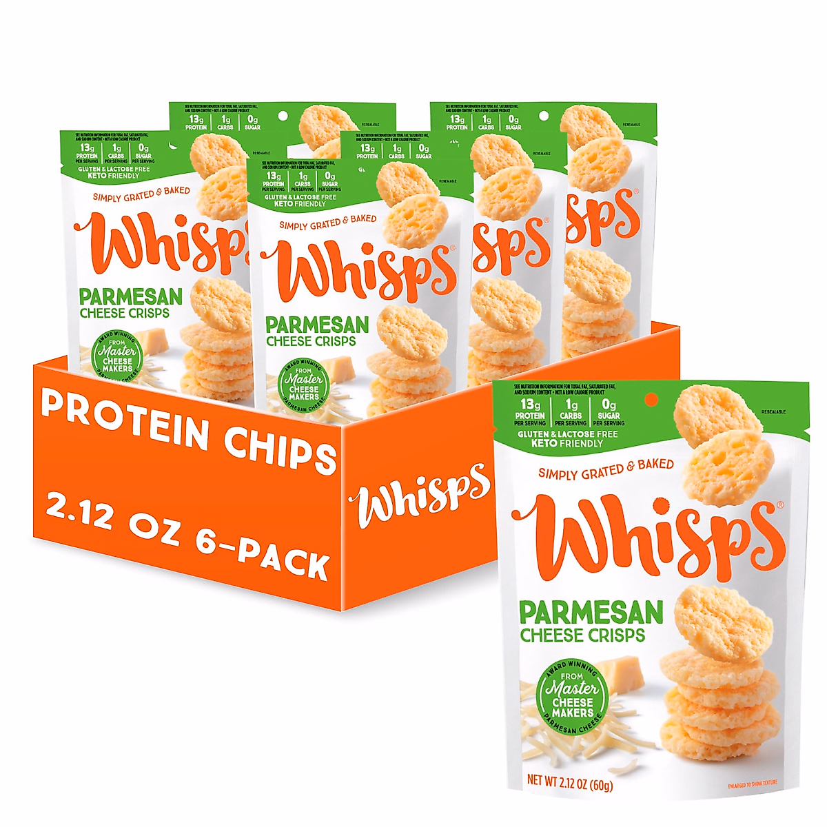 Whisps Cheese Crisps Parmesan Cheese | Protein Chips | Healthy Snacks | Protein Snacks, Gluten Free, High Protein, Low Carb Keto Food (2.12 Oz, 6 Pack)