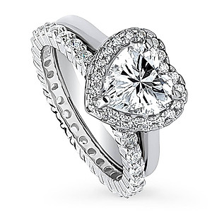 BERRICLE Sterling Silver Halo Wedding Engagement Rings Cubic Zirconia CZ Heart Ring Set for Women, Rhodium Plated Size 7