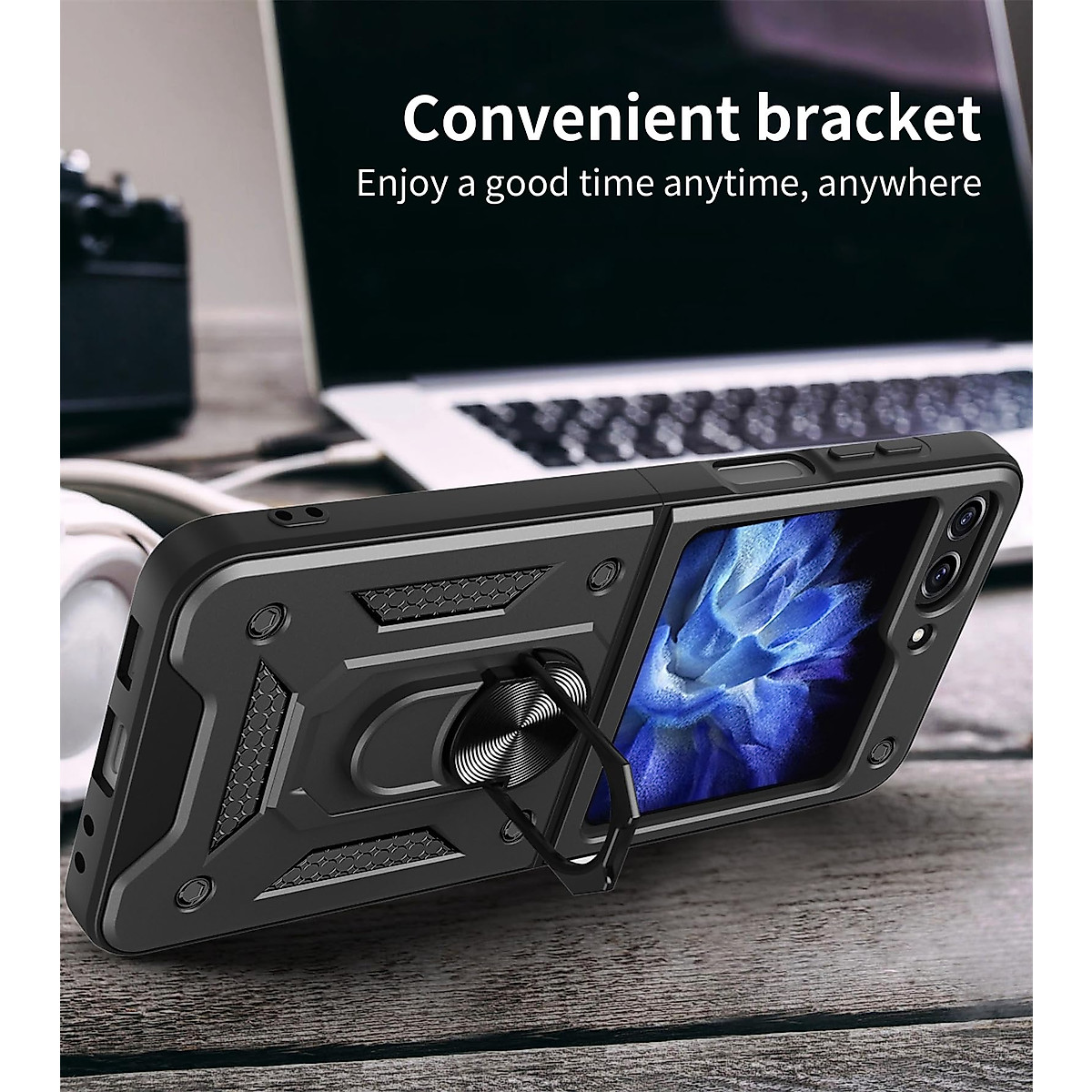 CCSmall for Samsung Galaxy Z Flip5 Case for Men, Military Grade Drop Protective Phone Cover Case with Ring Kickstand for Samsung Galaxy Z Flip 5 SJ Black