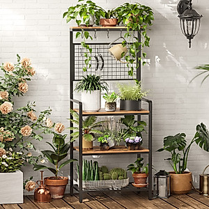 BEEWOOT Bakers Rack, Coffee Bar, Microwave Oven Stand with Shelf, Utility Storage Shelf for Spices, Pots, and Pans, Workstation with 11 Hooks, Stable Metal Frame, Rustic Brown BR01BB007