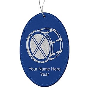 LaserGram Faux Leather Christmas Ornament, Bass Drum, Personalized Engraving Included (Dark Blue, Oval)