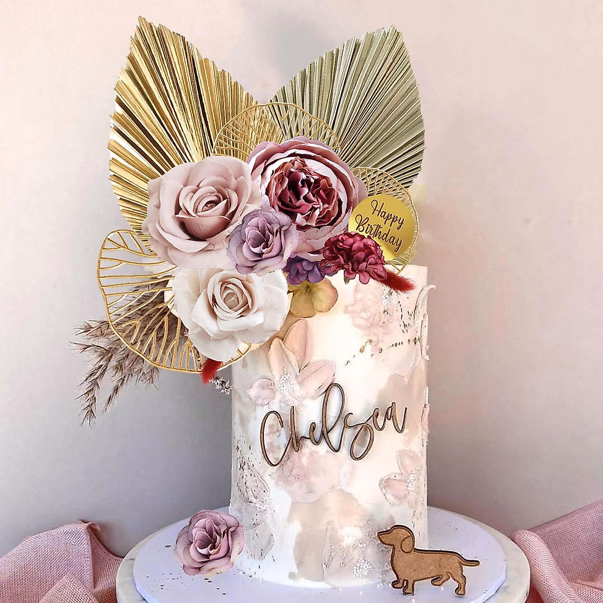 29Pcs Boho Cake Topper Palm Leaves Burgundy Red Flowers Balls Cake Decorations for Bohemian Wedding Baby Shower Birthday Party Supplies Mother's Day