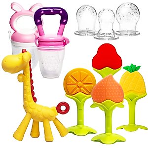 HONGTEYA Teething Toys for Babies 0-6 Months 6-12 Months 6 Pack- 4 Teethers, 2 Fruit Feeders for Newborn Infants BPA Free Natural Organic Freezer Silicone Baby Teethers Set(Pink)