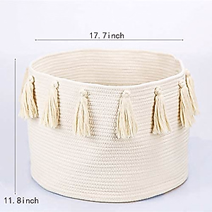 ABETREE Tassel Woven Storage Laundry Basket 17.7" x 11.8" with Handle Cotton Hamper Nursery Basket Blanket Baby Toy Storage Organizer