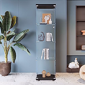 Beauty4U Glass Display Cabinet with 4 Shelves, Curio Cabinets for Living Room, Bedroom, Office, Black Floor Standing Glass Bookshelf, Quick Installation