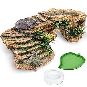 Hamiledyi Turtles Basking Platform 3Pcs Resin Bearded Dragons Climbing Step Ramp Tortoise Resting Dock Rock Hideout with Feeder Bowls for Reptile Lizards Chameleons Geckos Frogs Newts Snakes