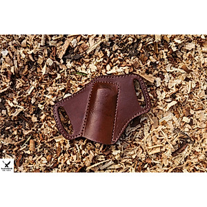 Handmade Leather Sheath for Pocket Knives, Slanted Pancake/Tooled/Belt/Trapper Style, TAN, 100% Real Leather (Brown)