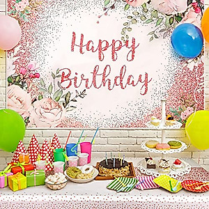 2 Pcs Pink Rose Gold Happy Birthday Backdrop, Floral Banner ,Plastic Tablecloth Table Cover for Photoshoot for Girls Women Party Supplies