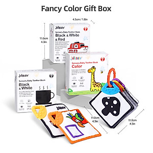 Jollybaby Newborn Sensory Teething Toy, Early Educational Bright Color High Contrast Teether Cloth Book, Clip-on Soft Fabric Flash Cards with Gift Package for 0 to 12 Months Travel Teething Relief