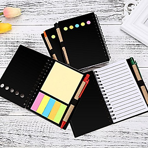 TOODOO 4 Packs 4.5 by 5.5 inch Spiral Notebook Lined Notepad with Pen in Holder and Sticky Notes, Page Marker Colored Index Tabs Flags (Black Cover)