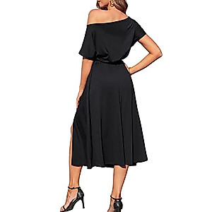 Women's Off Shoulder Side Split Short Sleeve Maxi Dresses Slit Boat Neck Long Dress with Pockets Black S