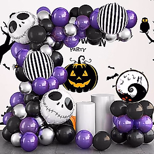 Nightmare Balloons Decorations Before Christmas Skull Halloween Party Decorations Balloon Garland Kit - Purple Black Balloon Arch with Skull Balloons for Halloween Birthday Baby Shower, Day of the Dead Decorations