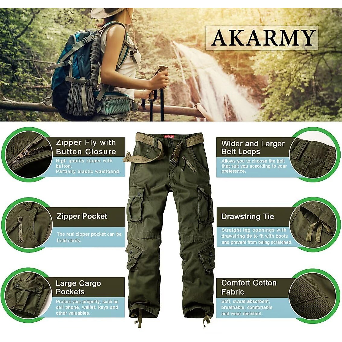 AKARMY Womens Cargo Pants with Pockets Outdoor Casual Ripstop Camo Military Combat Construction Work Pants ArmyGreen
