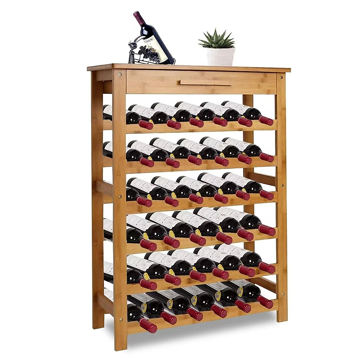 Kinsuite 36 Bottle Wine Rack Freestanding Floor with Drawer Bamboo Wine Rack Table Storage Holder Display 6 Shelves for Storing Wine for Home