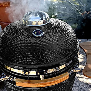24 in. Lifesmart Kamado Ceramic Charcoal Grill in Black with Free Cover, Electric Starter and Pizza Stone, Double tier cooking grid, 641 sq. in. of cooking surface