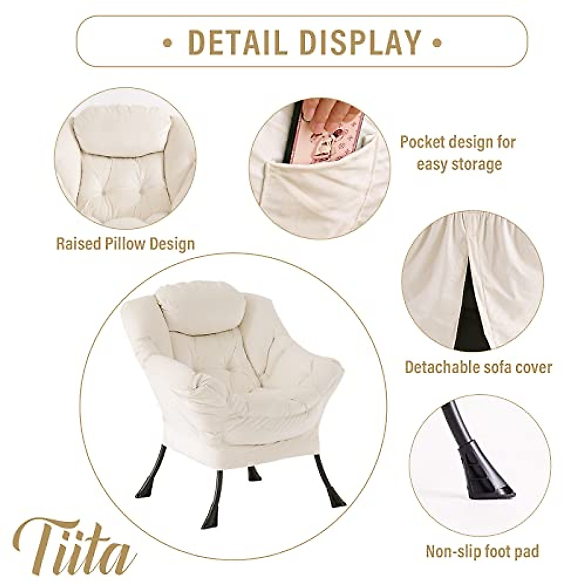 Tiita Lazy Chair with Ottoman, Modern Large Accent Lounge Chair, Leisure Sofa Armchair with Ottoman, Reading Chair with Footrest for Bedroom, Living Room, Dorm Rooms, Garden and Courtyard