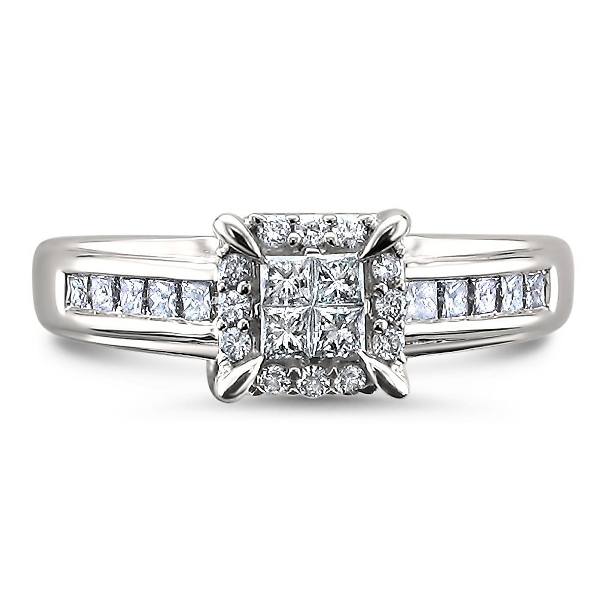 Beyond Brilliance 1/2 Carat Invisible-Set Princess Cut & Round Natural Diamond Engagement Ring in 14K White Gold (H-I, I1-I2)