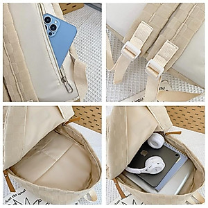 MININAI Aesthetic Checkered Backpack Light Academia Plaid Backpack Cute Preppy Backpack Fit 15.6 Inch Laptop Light Rucksack (Beige,One Size)