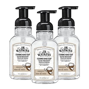 J.R. Watkins Foaming Hand Soap Pump with Dispenser, Moisturizing All Natural Hand Soap Foam, Alcohol-Free Hand Wash, Cruelty-Free, Use as Kitchen or Bathroom Soap, Coconut, 9 fl oz, 3 Pack