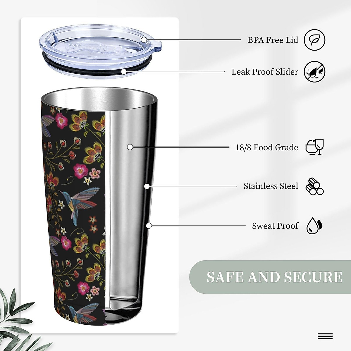 20oz Tumbler Colorful Bird Flowers Double Wall Vacuum Insulated Coffee Mug with Lid and Metal Straw Brush Reusable Stainless Steel Water Bottle Travel Cup Gifts for Car Ice Drinks Hot Beverage