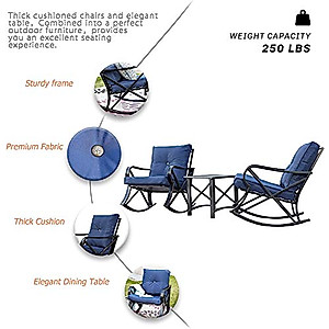 LOKATSE HOME 3-Piece Outdoor Patio Rocking Steel Furniture Bistro Set with 2 Rocker and 1 Metal Square Coffee Table(Blue Thickened Cushion)