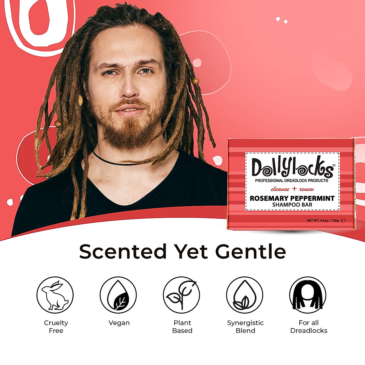 Dollylocks Organic Shampoo Bar for Dreadlocks, Vegan Shampoo with Coconut Oil, Essential Oils, Sea Salt, Plant-Based Shampoo Bars for Hair, Residue Free and Cruelty Free - (4.5oz) Rosemary Peppermint