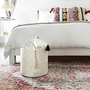 Mkono Woven Storage Basket with Handles Decorative Cotton Rope Basket Wooden Bead Decoration for Blankets,Toys,Clothes,Living Room Home Decor, 11", White