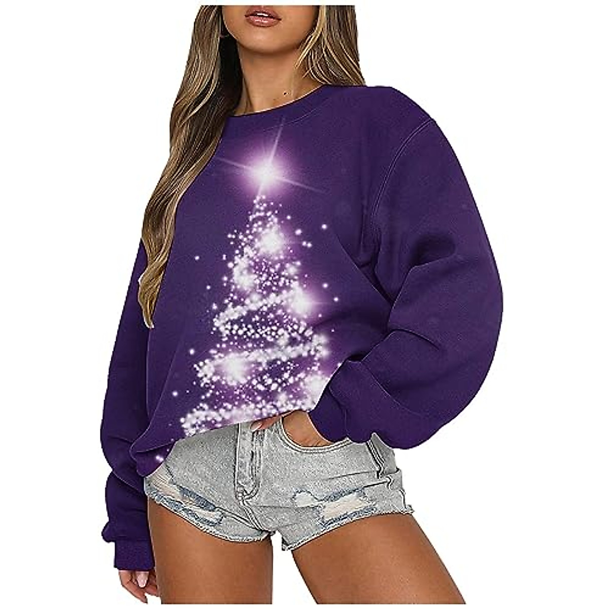 JUSLIO Amazon Coupons & Promo Codes For Prime Members Christmas Sweatshirt Women Drop Shoulder Long Sleeve Christmas Tree Pullover Comfy Plus Size Holiday Tops Shirt Dark Purple