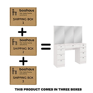 Boahaus Lily White Makeup Vanity Desk with Mirror Cabinets, Glass Top, 9 Drawers, and Crystal Ball Knobs - Modern Makeup Desk - Big Vanity - Large