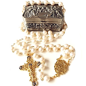 elegantmedical HANDMADE (AAA 10MM) Real Pearl BEADS CATHOLIC GOLD ROSARY CROSS GIFT NECKLACE Supper BOX