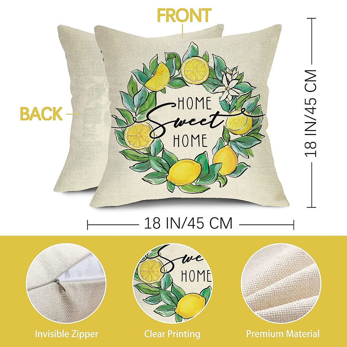 Fjfz Hello Summer Lemon Decorative Throw Pillow Cover 18 x 18 Set of 4, Bicycle Black White Buffalo Plaid Check Stripes Porch Outdoor Home Decor, Home Sweet Home Wreath Farmhouse Couch Cushion Case
