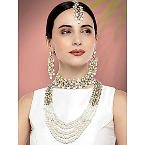 Aheli Wedding Party Wear Bridal Jewellery Choker Long Pearl Necklace Earrings Maang Tikka Indian Traditional Set for Women White