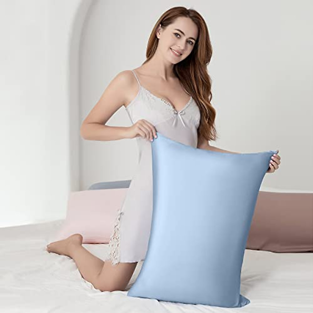 Silk Pillowcase for Hair and Skin,Mulberry Silk Pillow Case,Health,Soft and Smooth,Anti Acne,Beauty Sleep,Both Sides Natural Silk Pillow Covers with Hidden Zipper for Gift（Standard Size,Haze Blue）