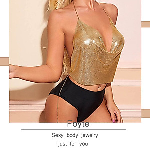 Fairyu Boho Sequins Body Chain Bra Bikini Shimmer Backless Halter Crop Top Beach Body Jewelry Accessory for Women and Girls (Gold)