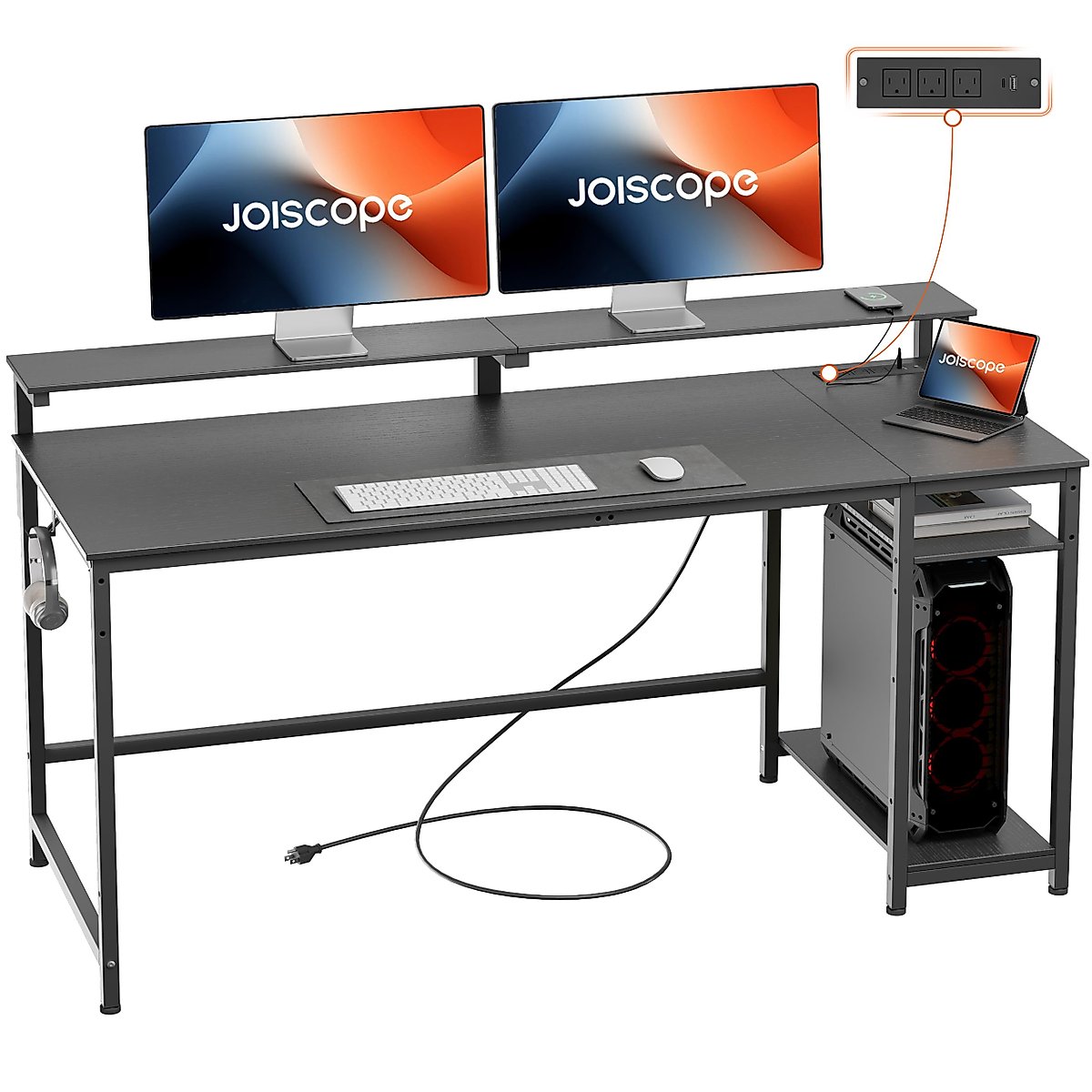 JOISCOPE Home Office Desk with Power Outlets (3AC, USB, Type-C), 60 × 20 Inch Computer Desk with Reversible Shelves, Laptop Table with Display Riser, Gaming Study Drafting Table for Bedroom, Black