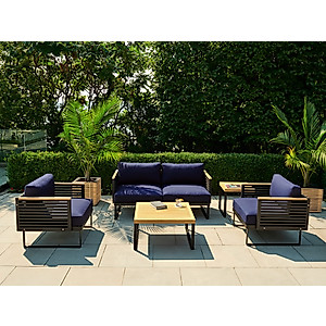 NewAge Products Outdoor Furniture Monterey 3 Piece Chat Set with Coffee Table, Patio Conversation Sets, Aluminum + Teak, Cast Silver, 91210