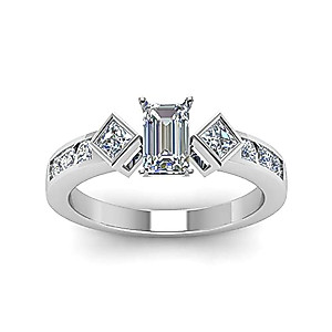 JewelryGift Three Stone Diamond Ring Sterling Silver Created Cubic Zircon Emerald Shape White Color Side Stone Engagement Rings Prong Setting in Size 11 Handcraft Chakra Healing