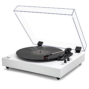Vintage 3-Speed Turntable Bluetooth Input Record Player Vinyl Record Player with Twin Built-in Stereo Speakers,Auto Stop,RCA Output, Full Size Platter,Acrylic Dust Cover,White Leather