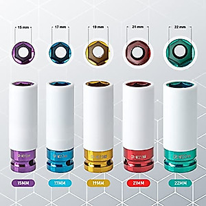CARTMAN 5 Piece Set 1/2 Inch Drive Deep Impact Socket, Non-Marring Impact Lug Nut Socket with Protective Sleeves, CR-MO