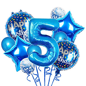 Chaungfu Balloons, 11 pcs Foil Balloons 5 Year Old for 5st Birthday Party Supplies Decoration, Confetti Balloon Kids Years (5th, Blue)