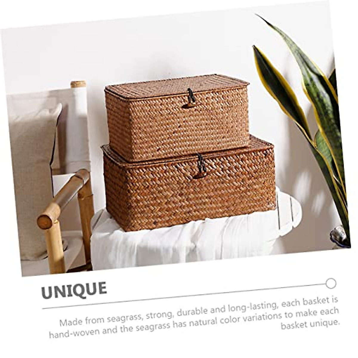 Veemoon 3pcs Woven Basket Organizer Sundry Organizer Basket End Table Decor Seagrass Baskets Woven Hamper Bathroom Decorations Baskets with Lids Seaweed Storage Shelf Basket