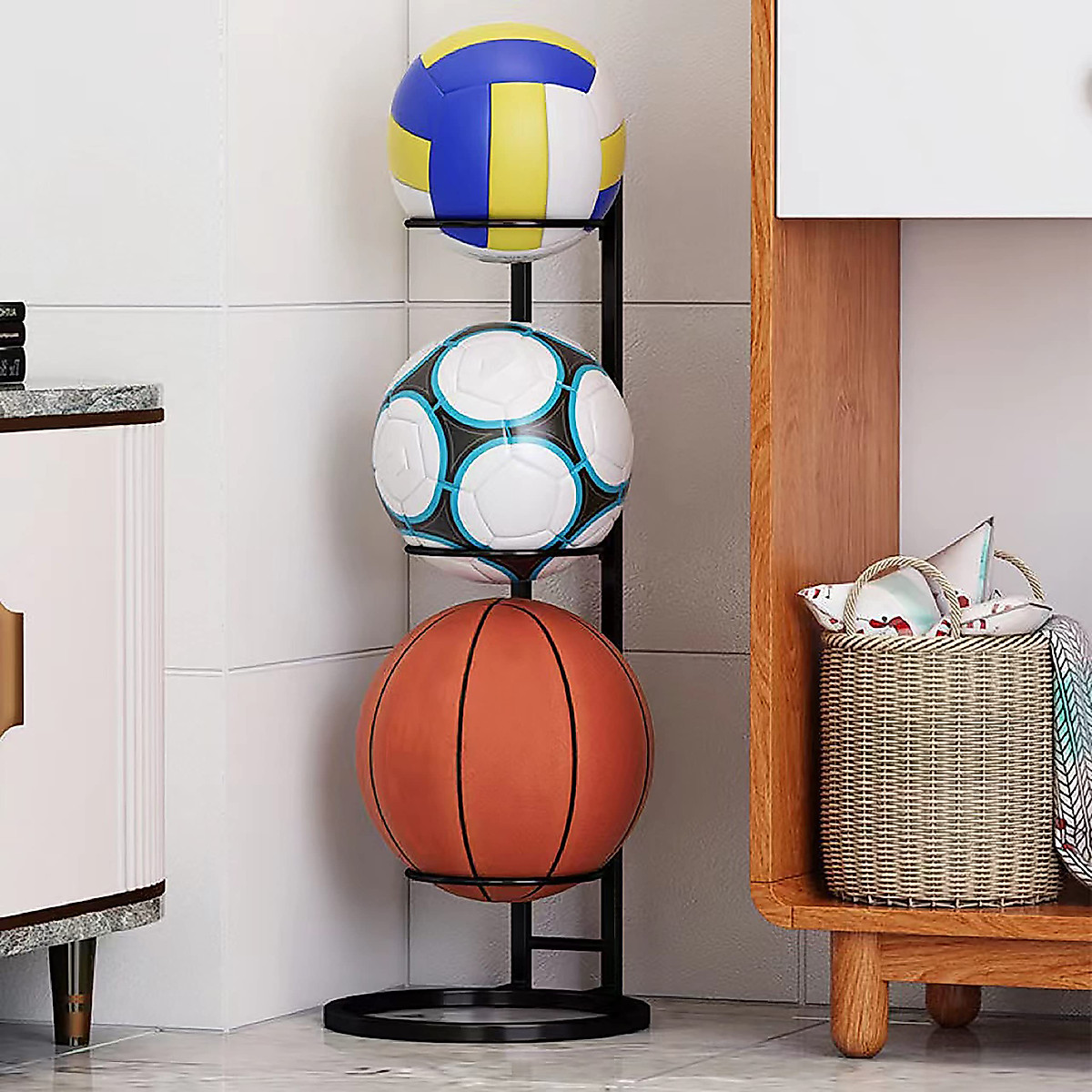 APLRIC Basketball Ball Storage Rack, 3 Tier Cube Ball Storage Holder, Garage Sports Organizer,Indoor Removable Vertical Display Stand for Basketball Football Volleyball
