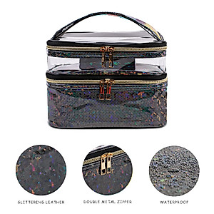 imerelez Double-layer Makeup Bag Cosmetic Bag Travel Makeup Cases Organizer Toiletry Bag Gift for Girls Women, Portable Waterproof (Black)
