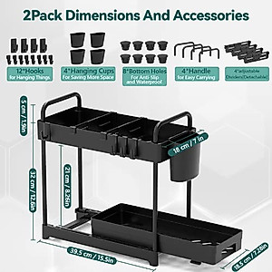 Warmodern 2 Pack Under Sliding Cabinet Basket Organizer, 2 Tier Bathroom Organizer Under Sink, Kitchen Cabinet Organizers Baskets with 8 Hooks and 4 Hanging Cups, Under Sink Storage for Bathroom